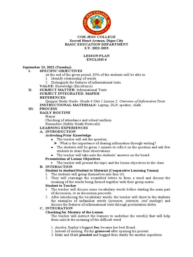 Grade 4 Informational Text Lesson Plan | PDF | Lesson Plan | Teachers