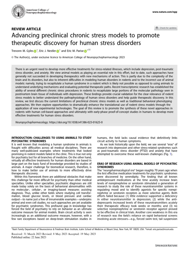 Advancing Preclinical Chronic Stress Models To Promote Therapeutic ...