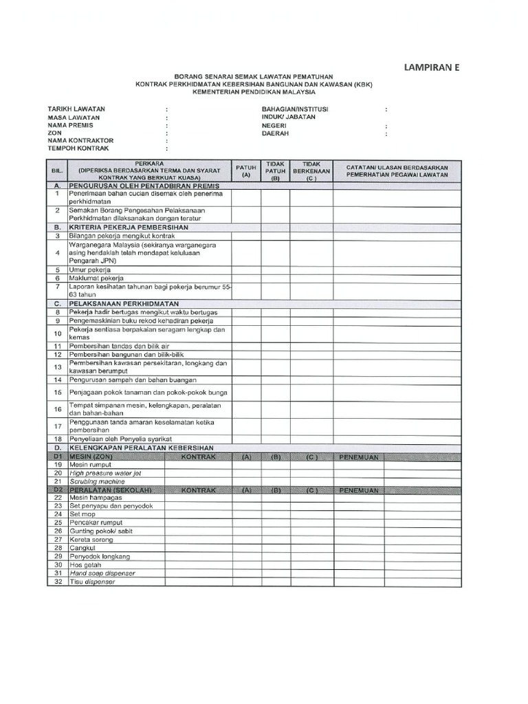 Lampiran E_senarai Semak Lawatan Pematuhan Kbk_12052021-Compressed | PDF