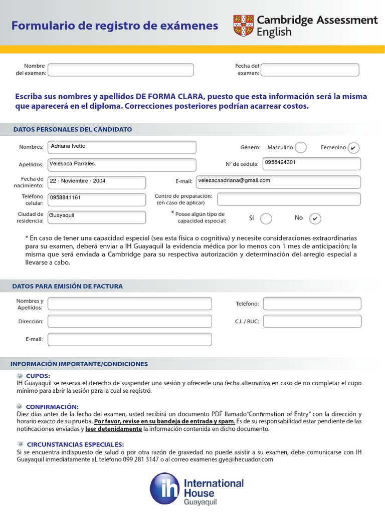 Formulario de Registro Cambridge Exams 2022 | PDF