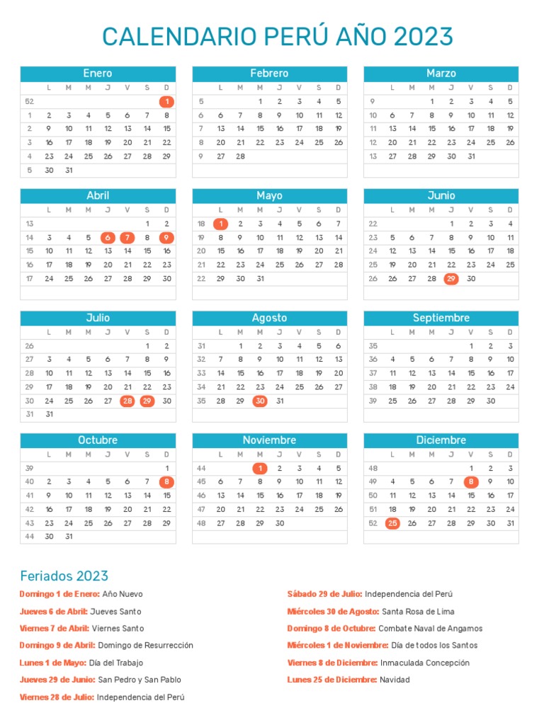 Calendario Perú 2023 con Feriados | PDF