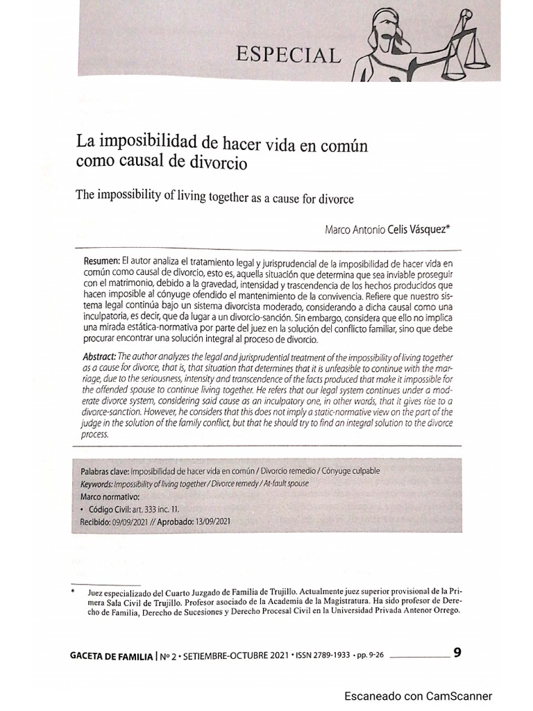 La Imposibilidad de Hacer Vida en Común Como Causal de Divorcio | PDF