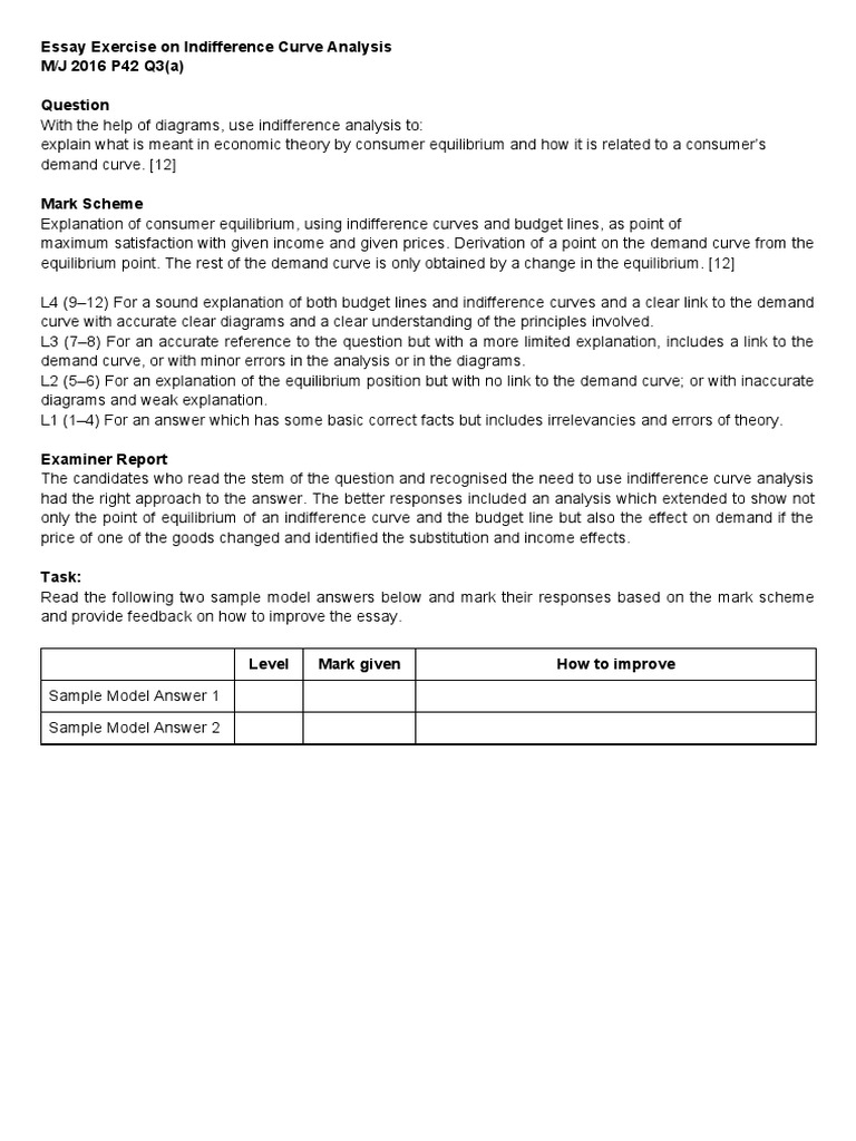 Essay Exercise - Indifference Curve Analysis | PDF