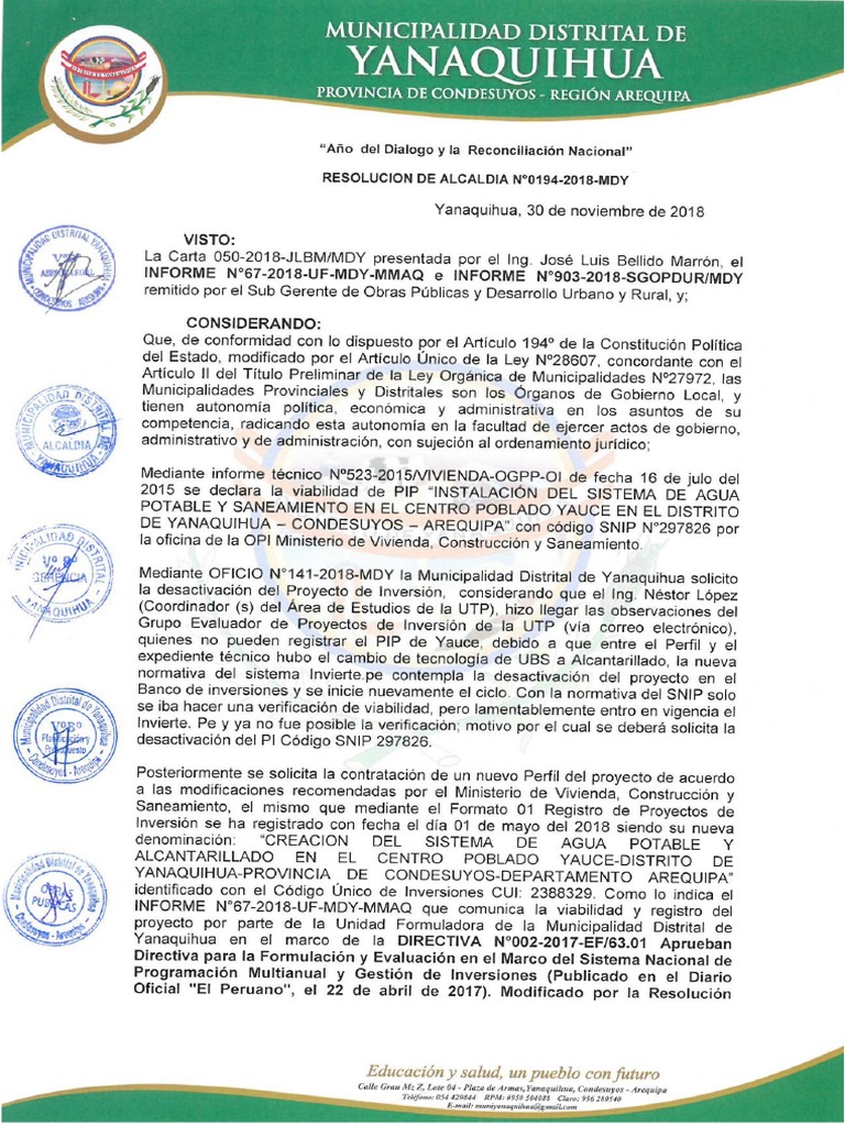 Resolucion de Alcaldia N°0194-2018-Mdy | PDF