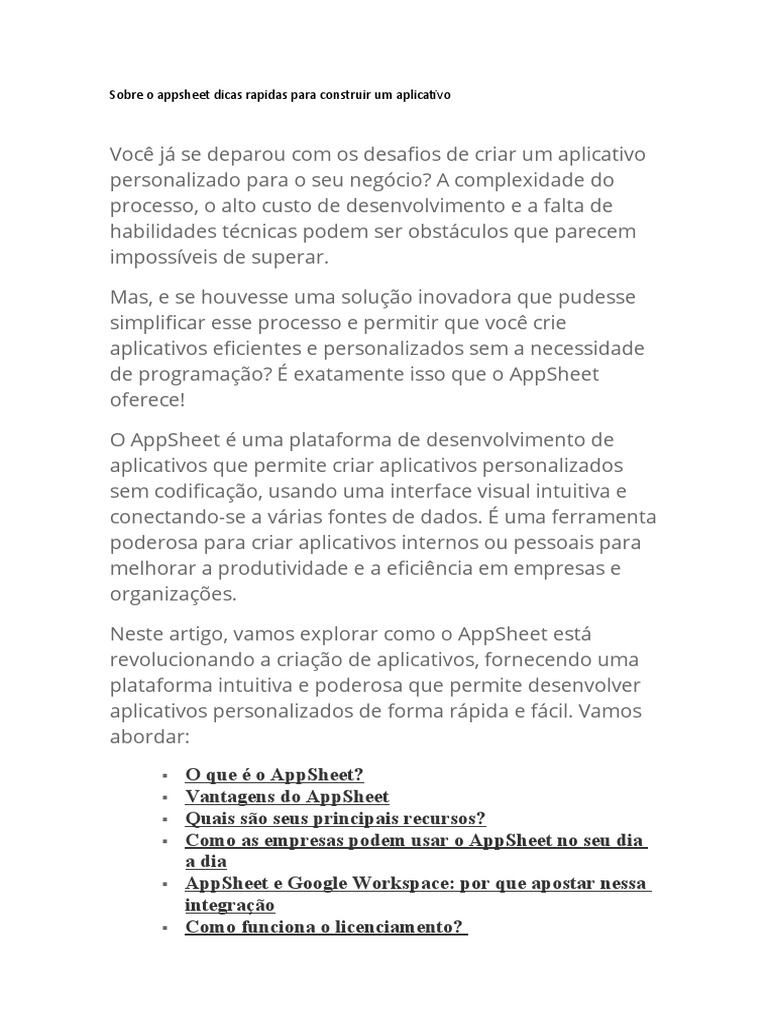 Sobre o Appsheet Dicas Rapidas para Construir Um Aplicativo | PDF Sobre o Appsheet Dicas Rapidas para Construir Um Aplicativo | PDF