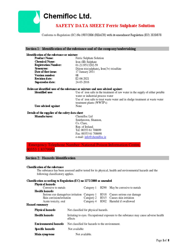 Ferric Sulphate Solution Rev 6 | PDF | Hazards | Dangerous Goods