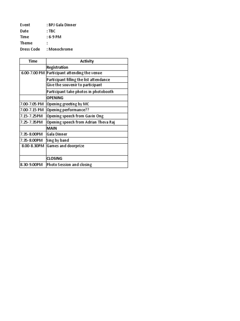 BPJ Gala Dinner Event Rundown | PDF