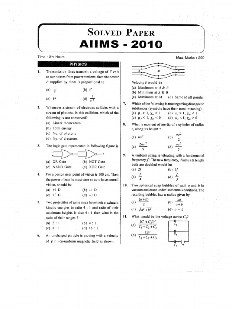 Aiims Mbbs Question Paper 2010 2078 | PDF