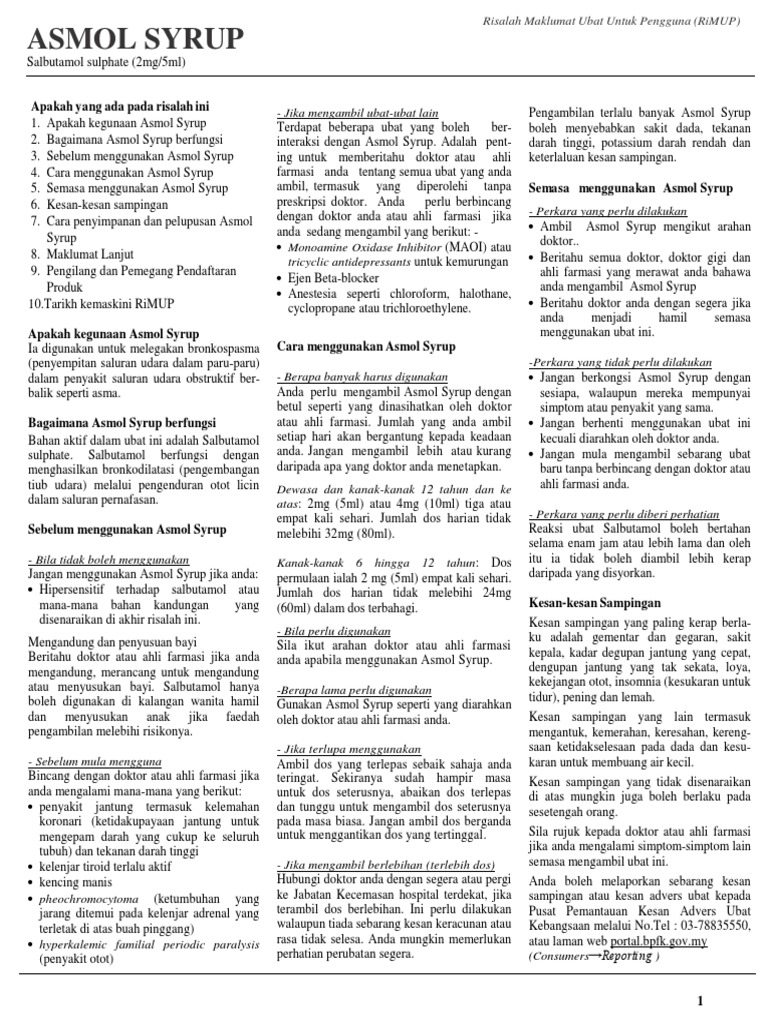 Asmol Syrup Salbutamol Sunward Pharmaceutical SDN BHD 22jan2016 BM | PDF
