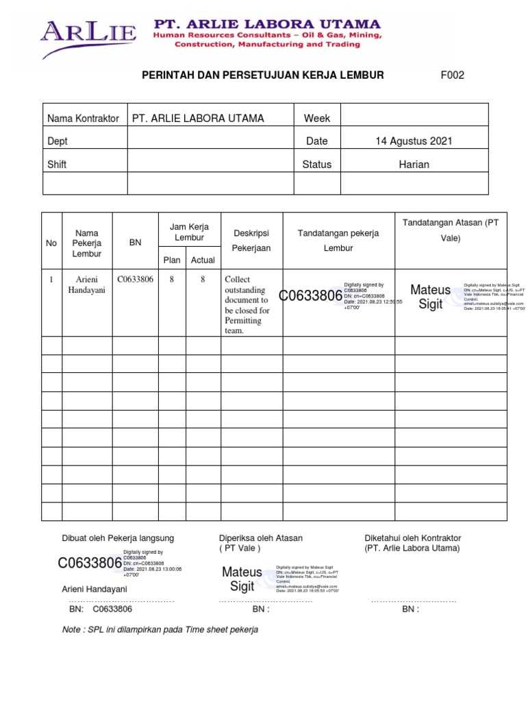 Contoh Pengisian SPL | PDF