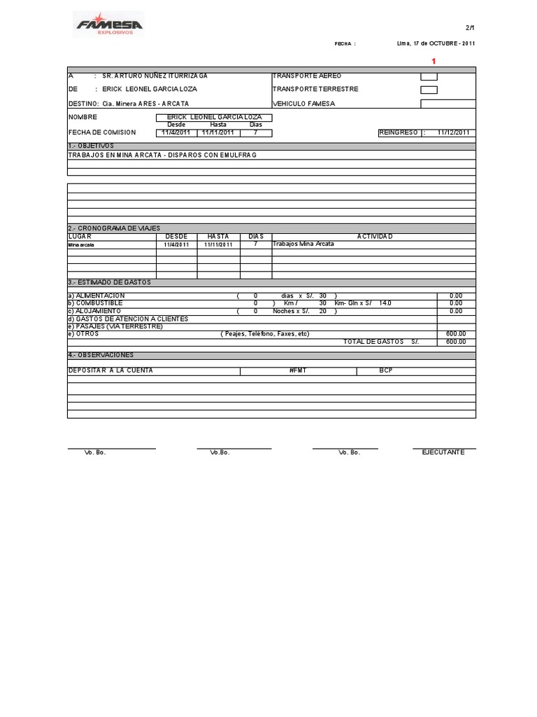 Solicitud Viaticos ARCATA - ERICK GARCIA LOZA | PDF | Transporte