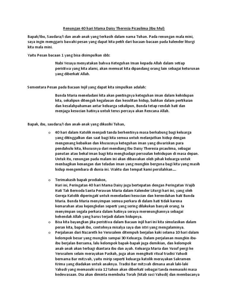 Renungan 40 Hari Mama Daisy Theresia Picaulima | PDF | Ilmu Sosial ...
