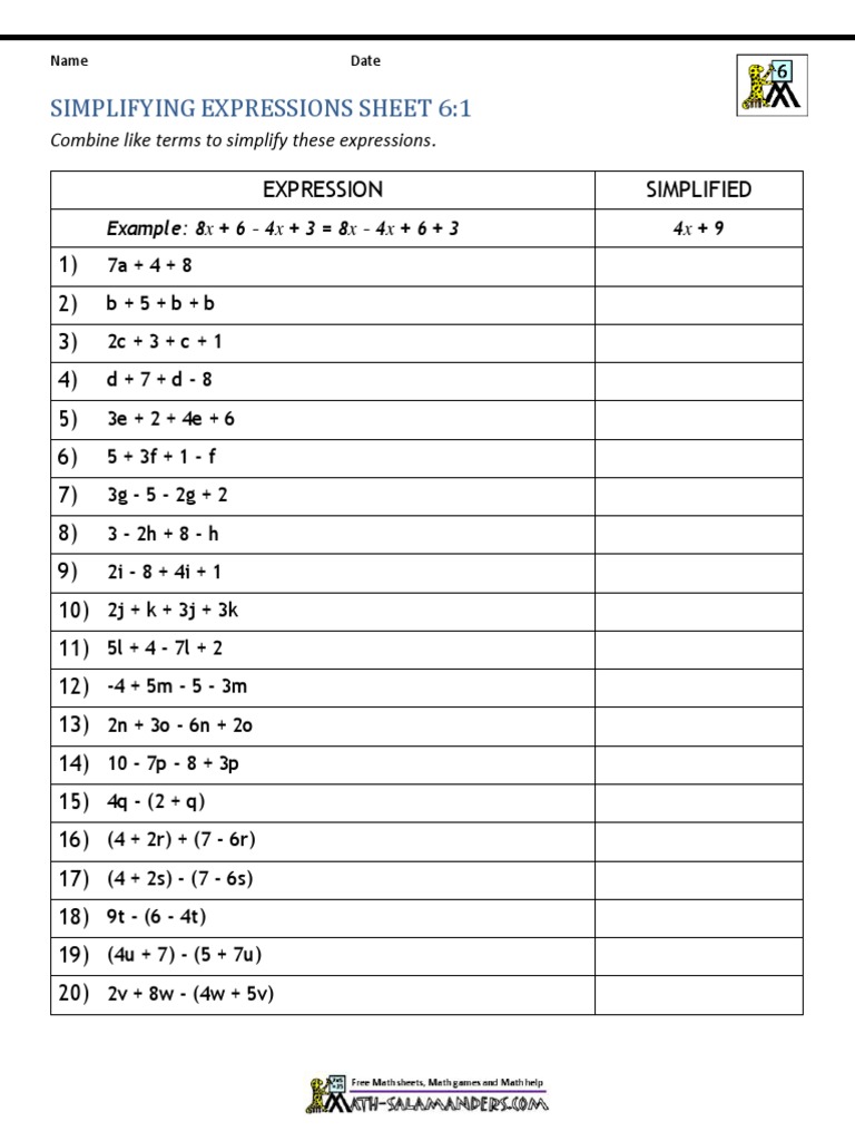 Simplifying Expressions 6th Grade 1 | PDF