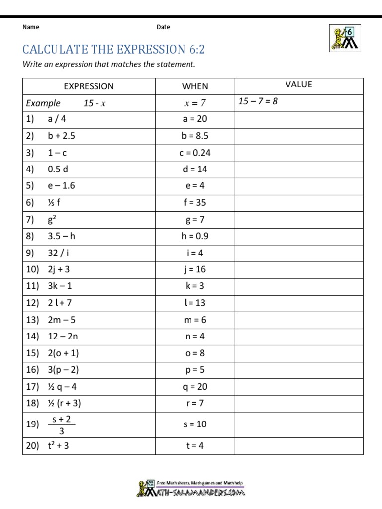 6th Grade Calculate The Expression 2 | PDF