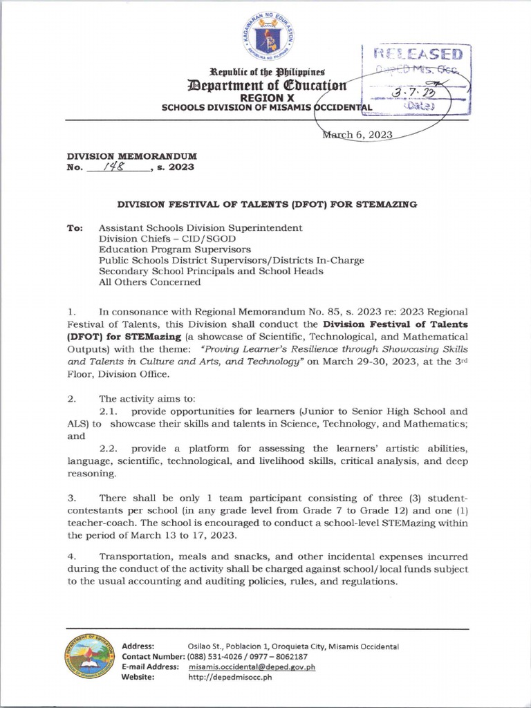 DepED Mis Occ - DM.-148-S.-2023-DIVISION-FESTIVAL-OF-TALENTS-DFOT-FOR-STEMAZING | PDF
