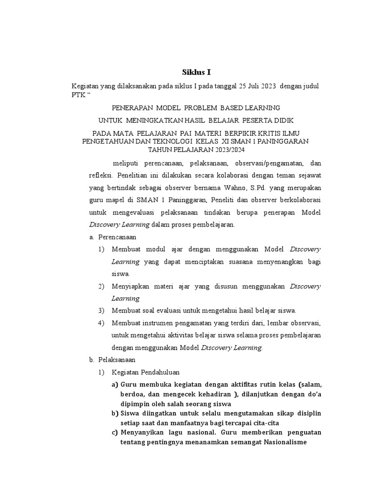 Laporan Siklus 1 PTK Ikhwan | PDF
