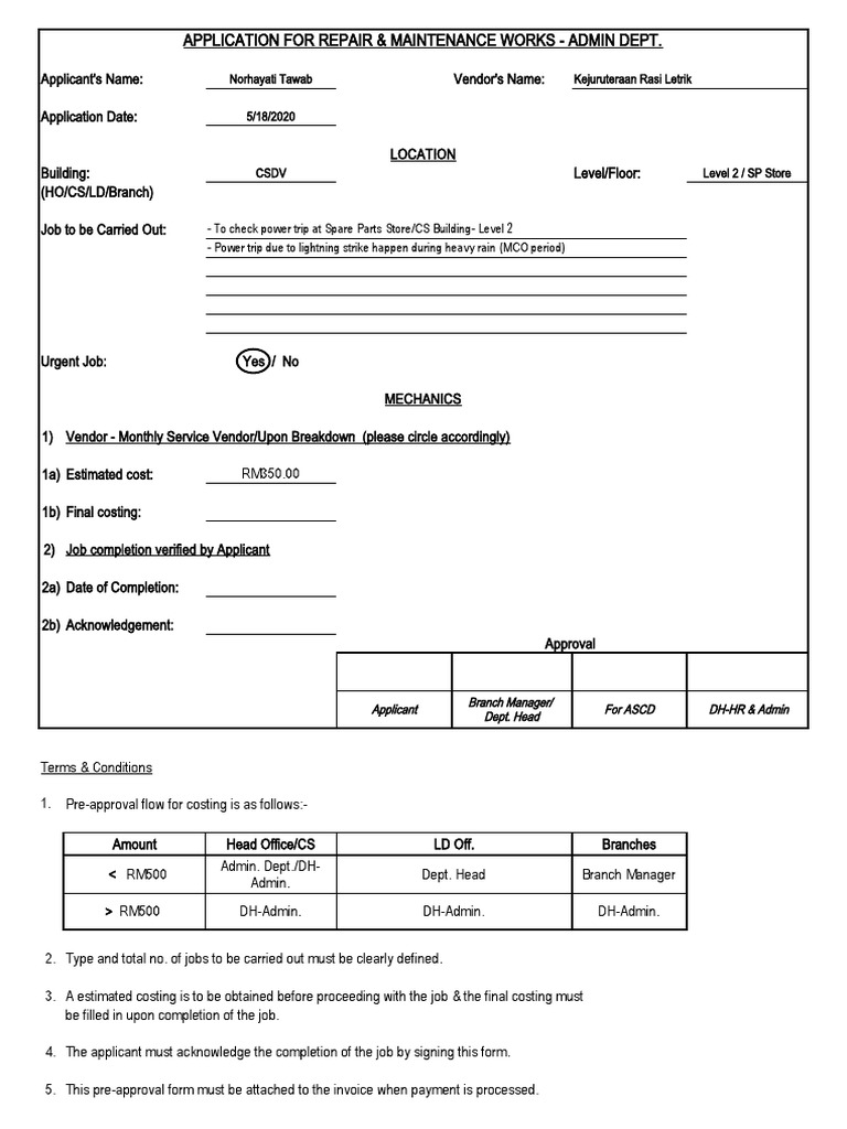Repair Maintenance Form | PDF | Business | Accounting