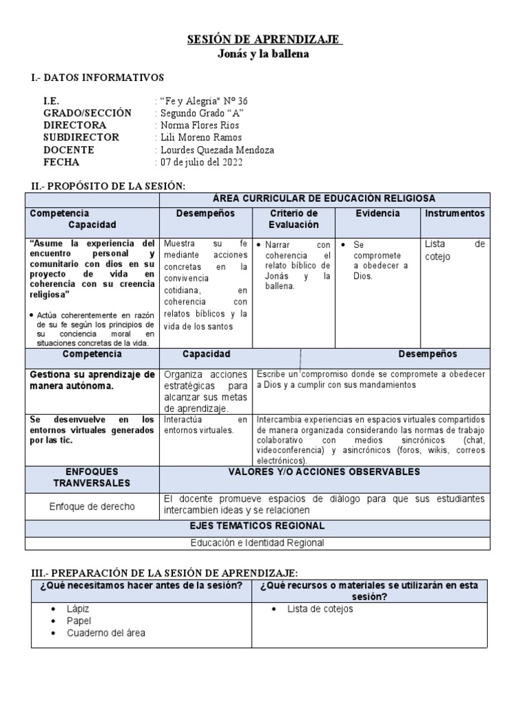Sesión de Aprendizaje 5 - Religion | PDF Sesión de Aprendizaje 5 - Religion | PDF