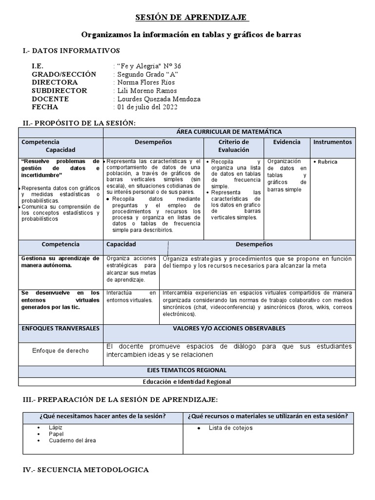 Sesión de Aprendizaje 1 - Matemática | PDF