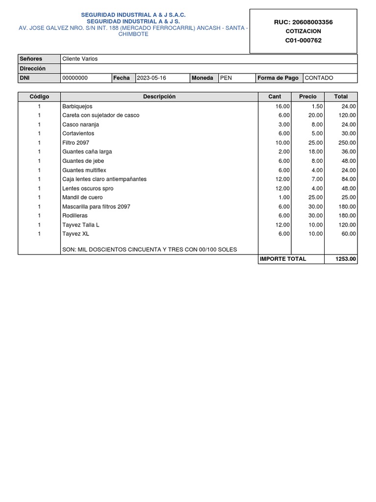A & J S Cotización de EPP | PDF