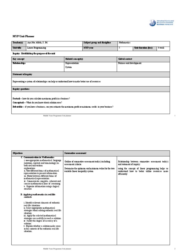 MYP 5 Linear Programming Unit Plan | PDF | Mathematics | Linear Programming