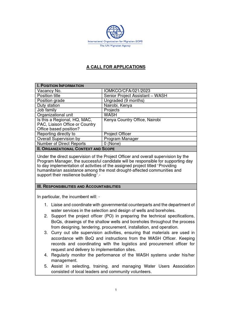 Call For Application - Senior Project Assistant (Wash) Nairobi | PDF ...