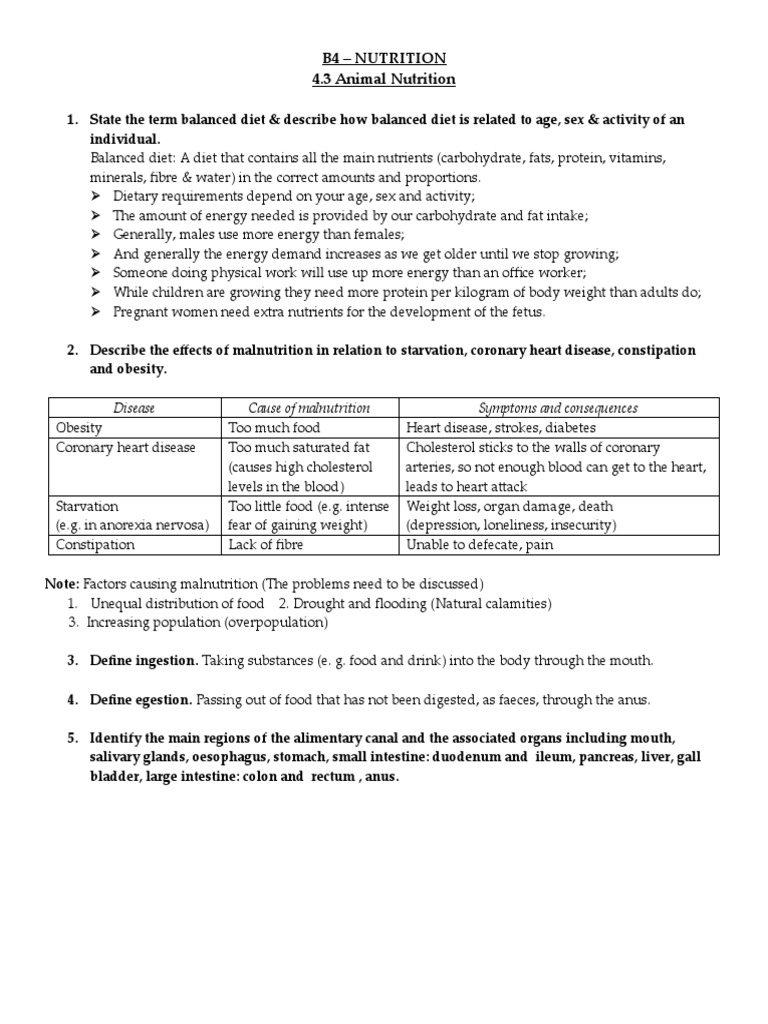 Revision-Notes Balanced Diet, Malnutrition, Digestion Final 2020 | PDF ...