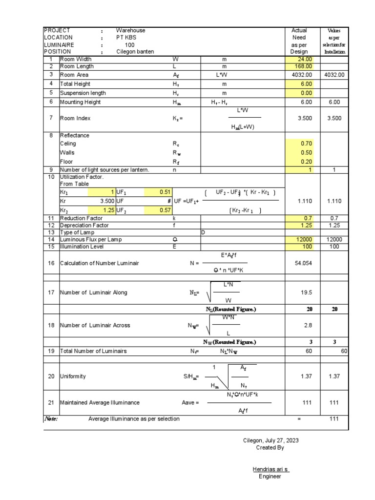 Warehouse Lighting Design Calculation | PDF | Lighting | Components