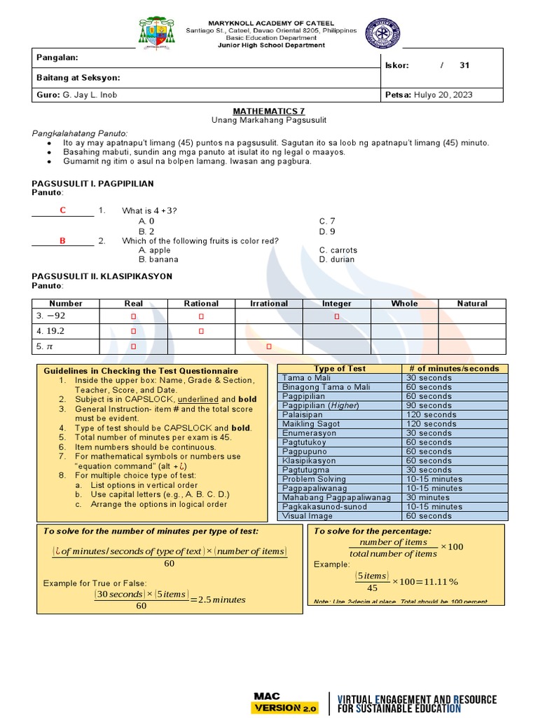Test Questionnaire Tagalog | PDF | Numbers | Mathematical Concepts