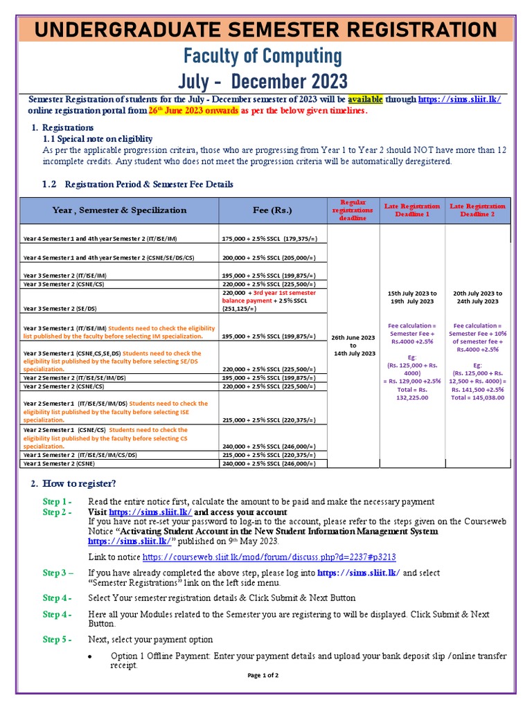 SLIIT Semester Registration 2023 Guide | PDF | Banks | Payments