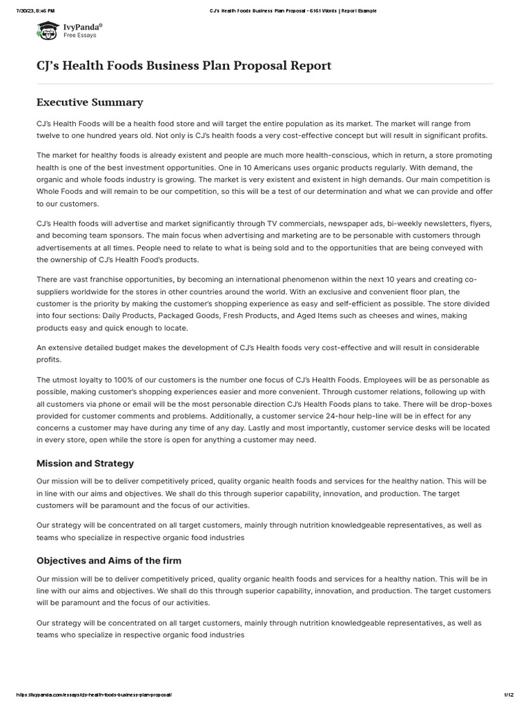 CJ's Health Foods Business Plan Proposal - 6161 Words - Report Example ...