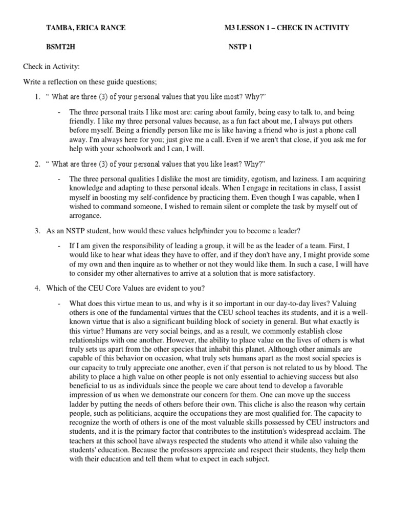 M3 - Lesson 1 - Check in Activity - NSTP | PDF | Teachers | Human