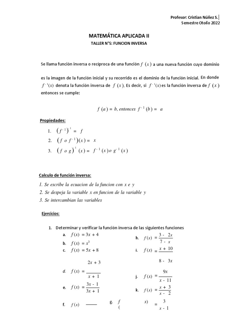 Taller N°8 - Funcion Inversa | PDF | Función (Matemáticas) | Matemáticas