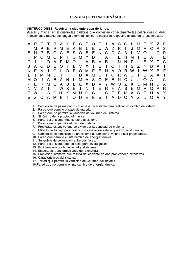 Sopa de Letras: Conceptos Termodinámicos | PDF