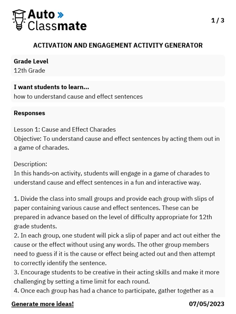 Activation and Engagement Activity Generator Responses Cause and Effect | PDF | Causality ...