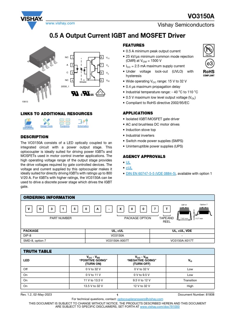 VO3150A 0.5 A Output Current IGBT and MOSFET Driver: Vishay Semiconductors | PDF | Power ...