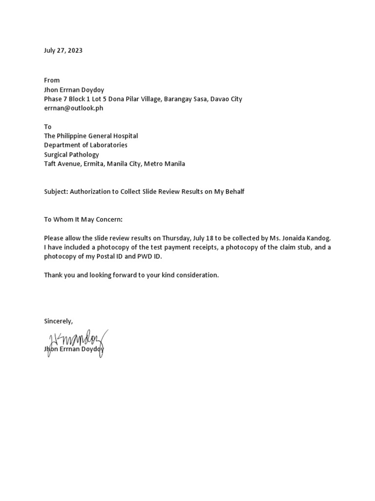 Authorization Letter For PGH July 2023 | PDF