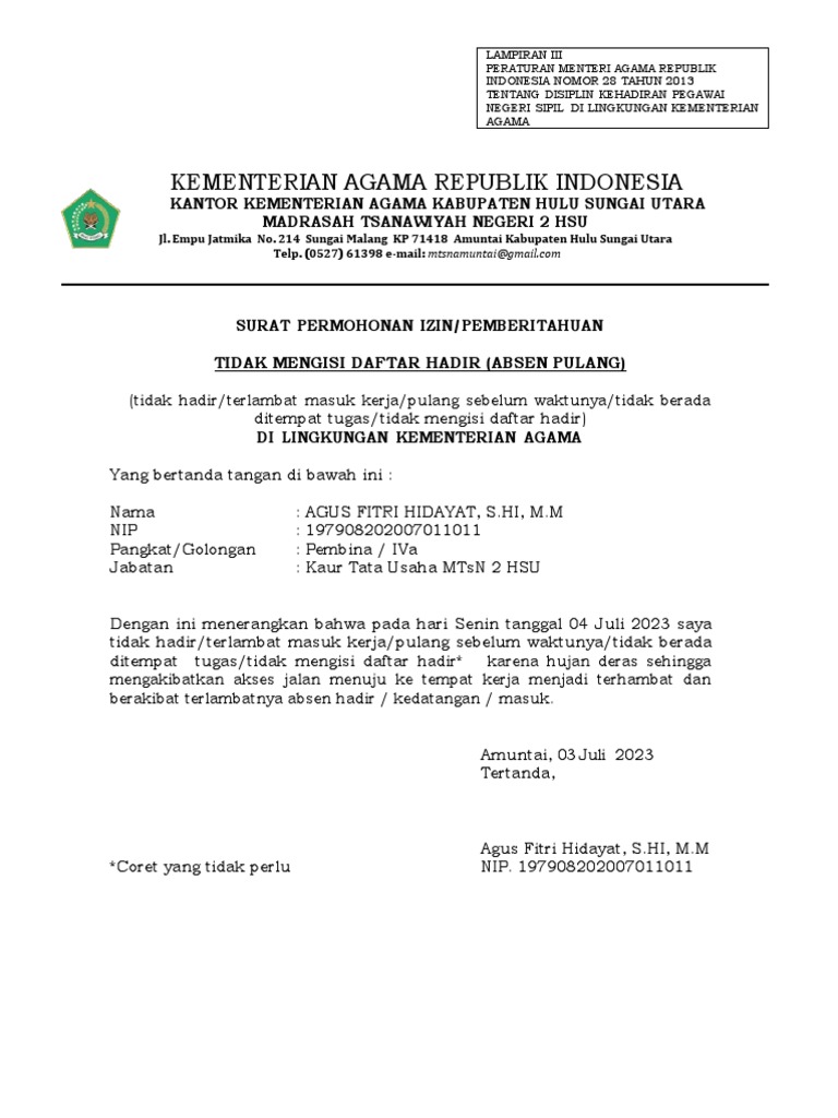 Surat Keterangan Terlambat | PDF