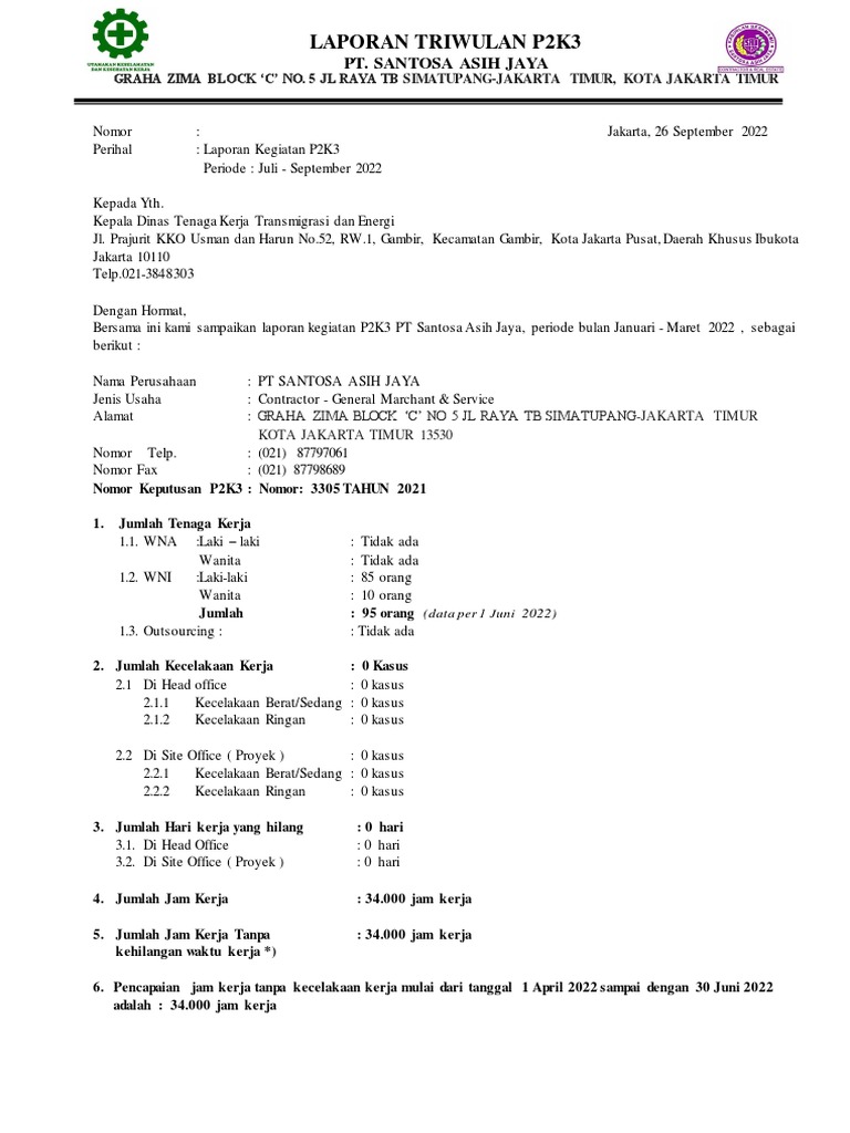 Laporan P2K3 Periode Jul-Sep 2022 | PDF