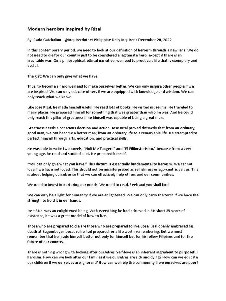 Modern heroism inspired by Rizal (by Rado Gatchalian) | PDF | Hero