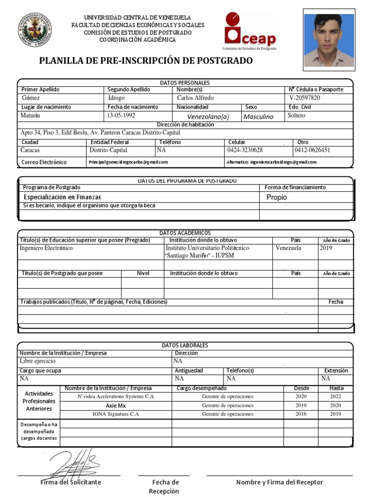 Planilla de Pre-inscripción Postgrado | PDF