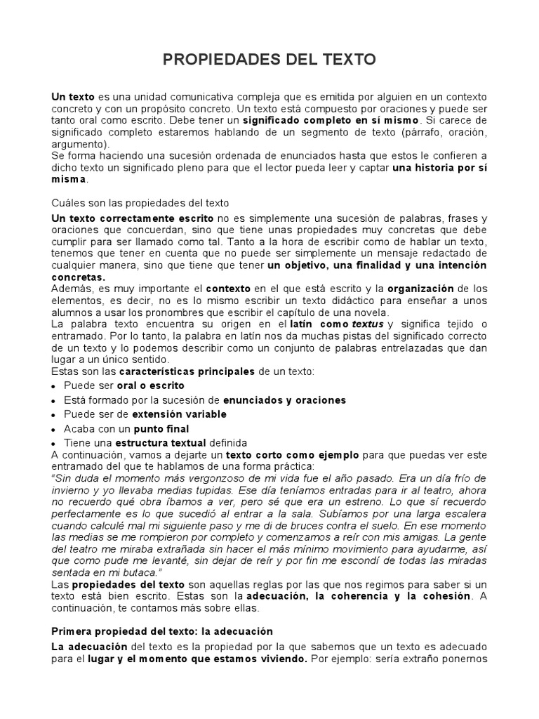 Propiedades Del Texto - Ficha | PDF | Oración (Lingüística) | Léxico
