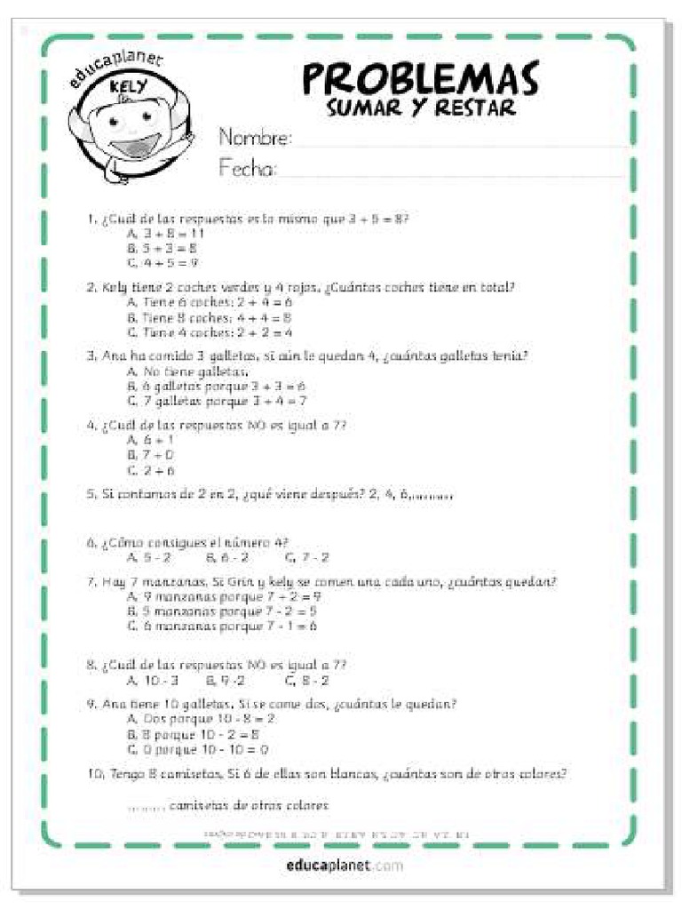 Problemas Sumas Restas Primaria | PDF