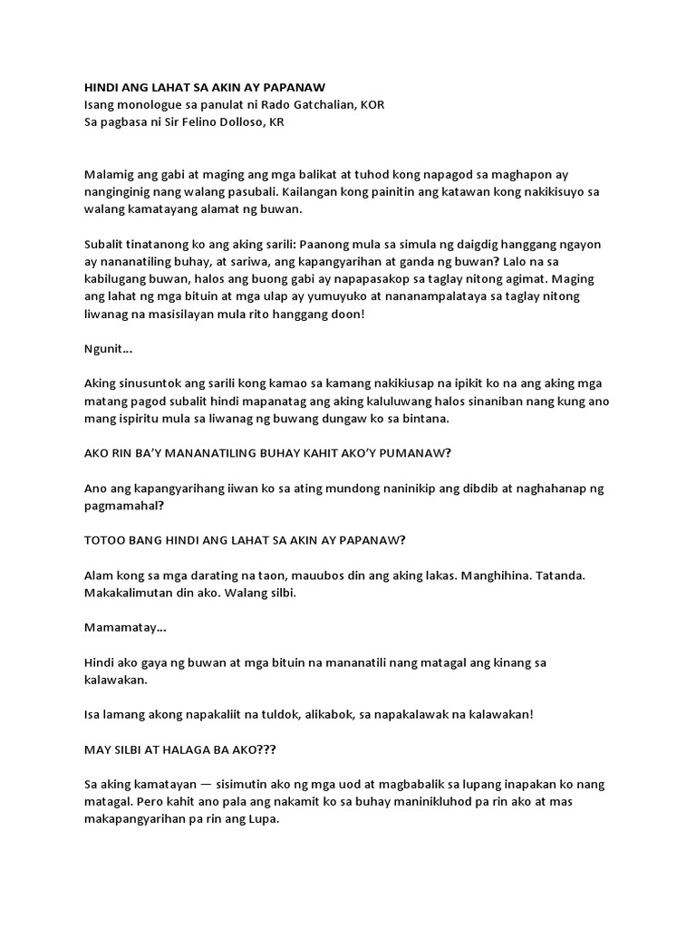 HINDI ANG LAHAT SA AKIN AY PAPANAW - Isang Monologue by Rado Gatchalian | PDF