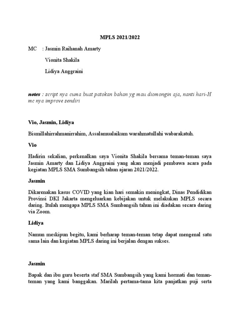 Script MC Kegiatan MPLS Tahun Ajaran 2021-2022 (Jasmin, Vio, & Lidiya) | PDF