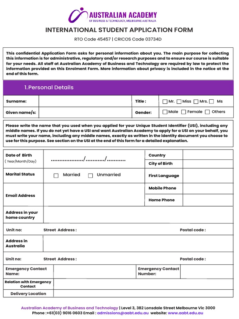 AABT Student Application Form V1.2 PDF Fillable August | PDF ...