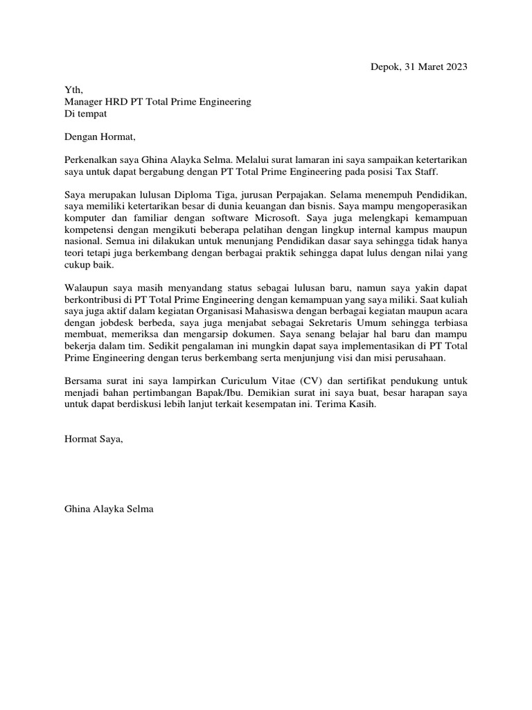 Resume PT Total Prime Engineering - Ghina Alayka S | PDF