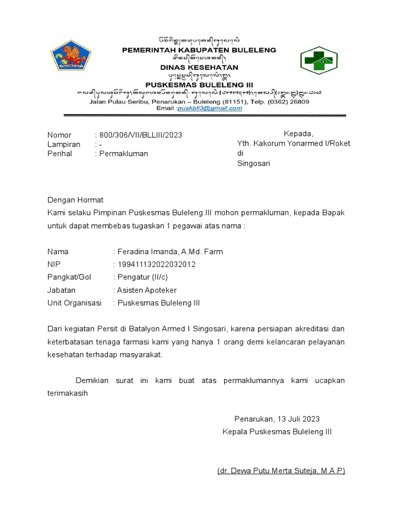 Surat Ijin Persit Puskesmas | PDF