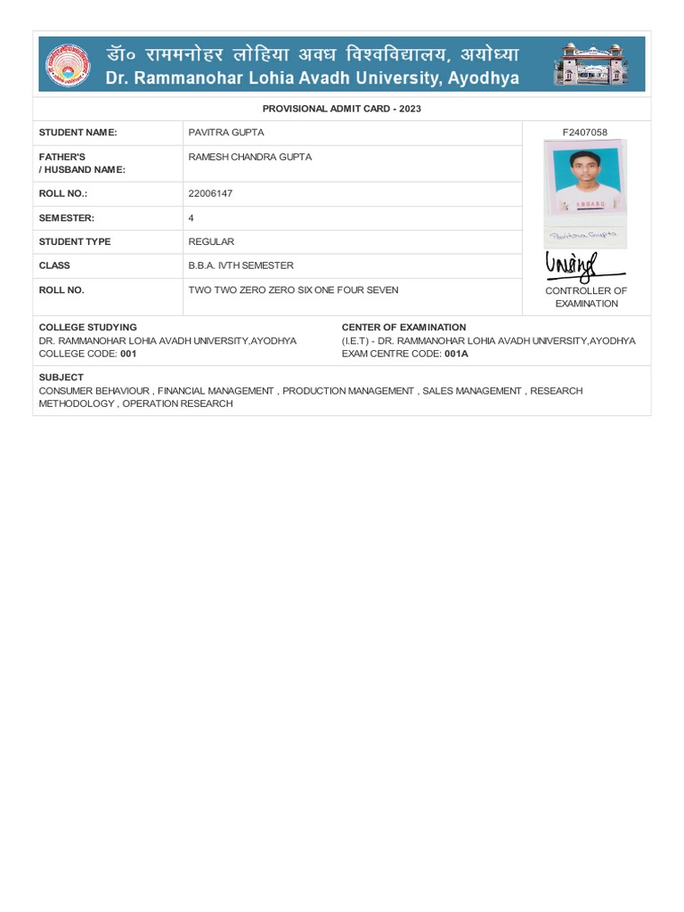 PAVITRA GUPTA - Admitcard - 7 - 30 - 2023 | PDF