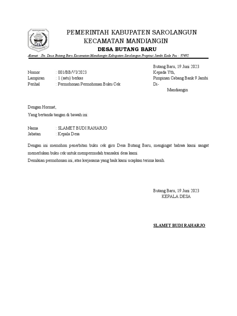 Permohonan Penerbitan Cek Rekening | PDF